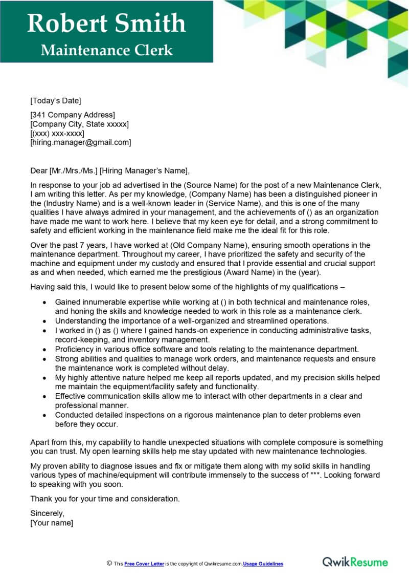 Maintenance Clerk Cover Letter Examples QwikResume