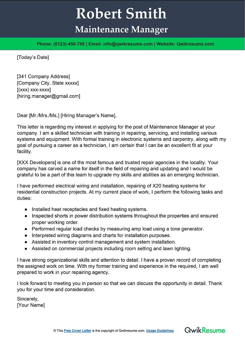 Maintenance Manager Cover Letter Examples QwikResume