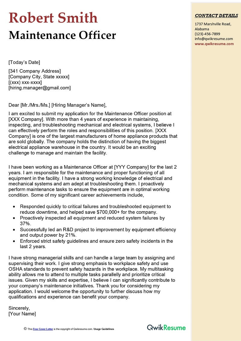 Free Maintenance Repair Cover Letter Templates QwikResume