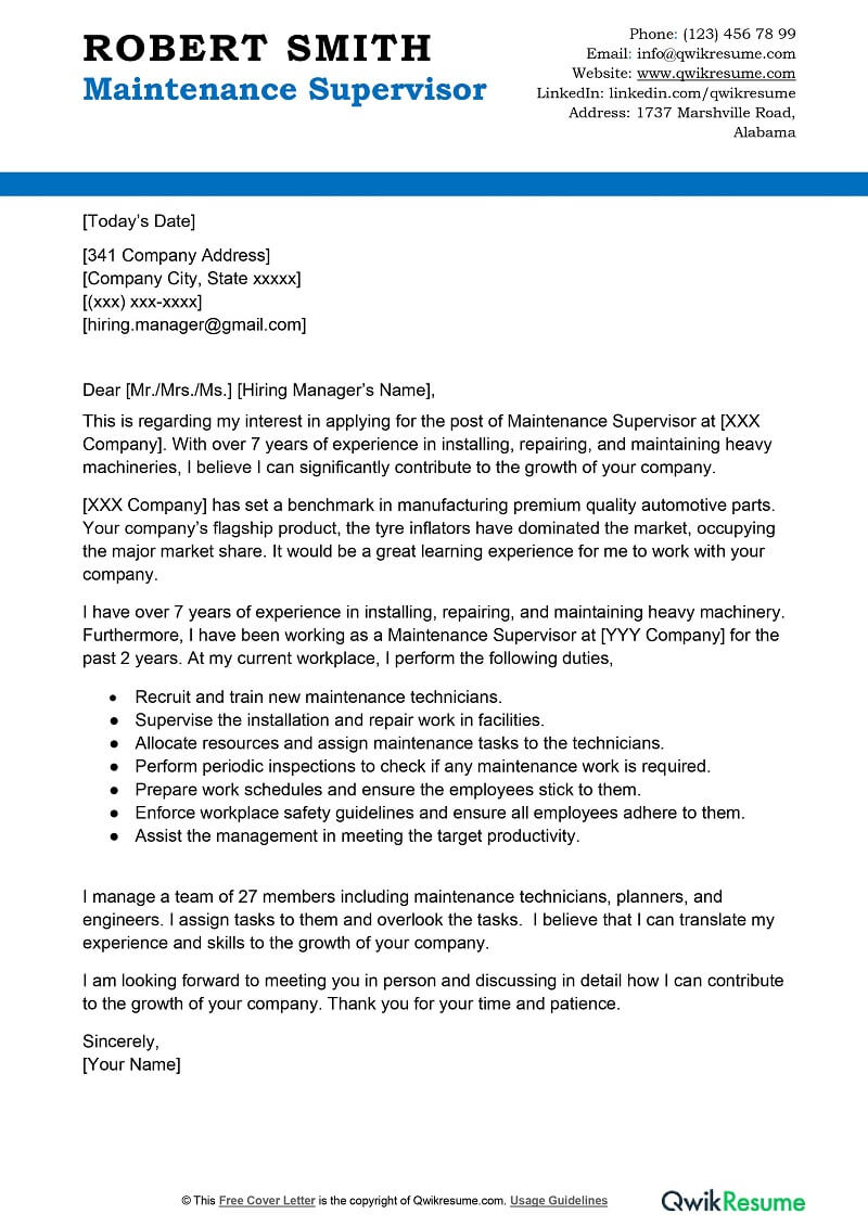 Maintenance Supervisor Cover Letter Examples QwikResume