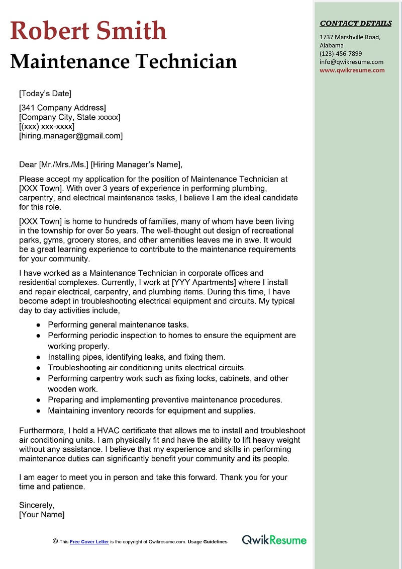 Maintenance Technician Cover Letter Natrilhadocastelo Blog