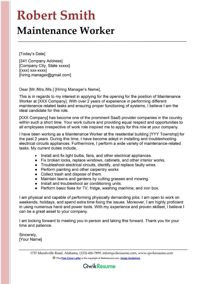 Maintenance Worker Cover Letter Examples QwikResume