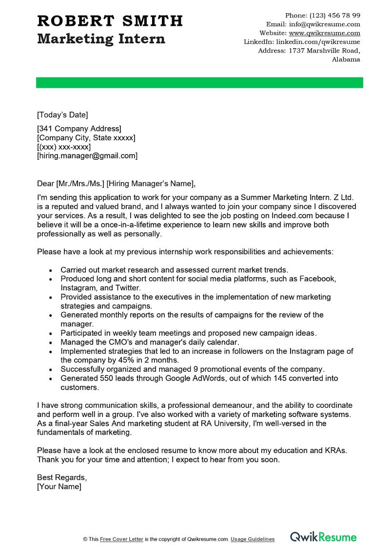Marketing Intern Cover Letter Examples QwikResume
