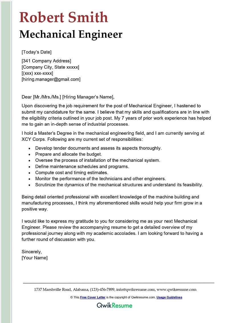 Mechanical Engineer Cover Letter Examples QwikResume