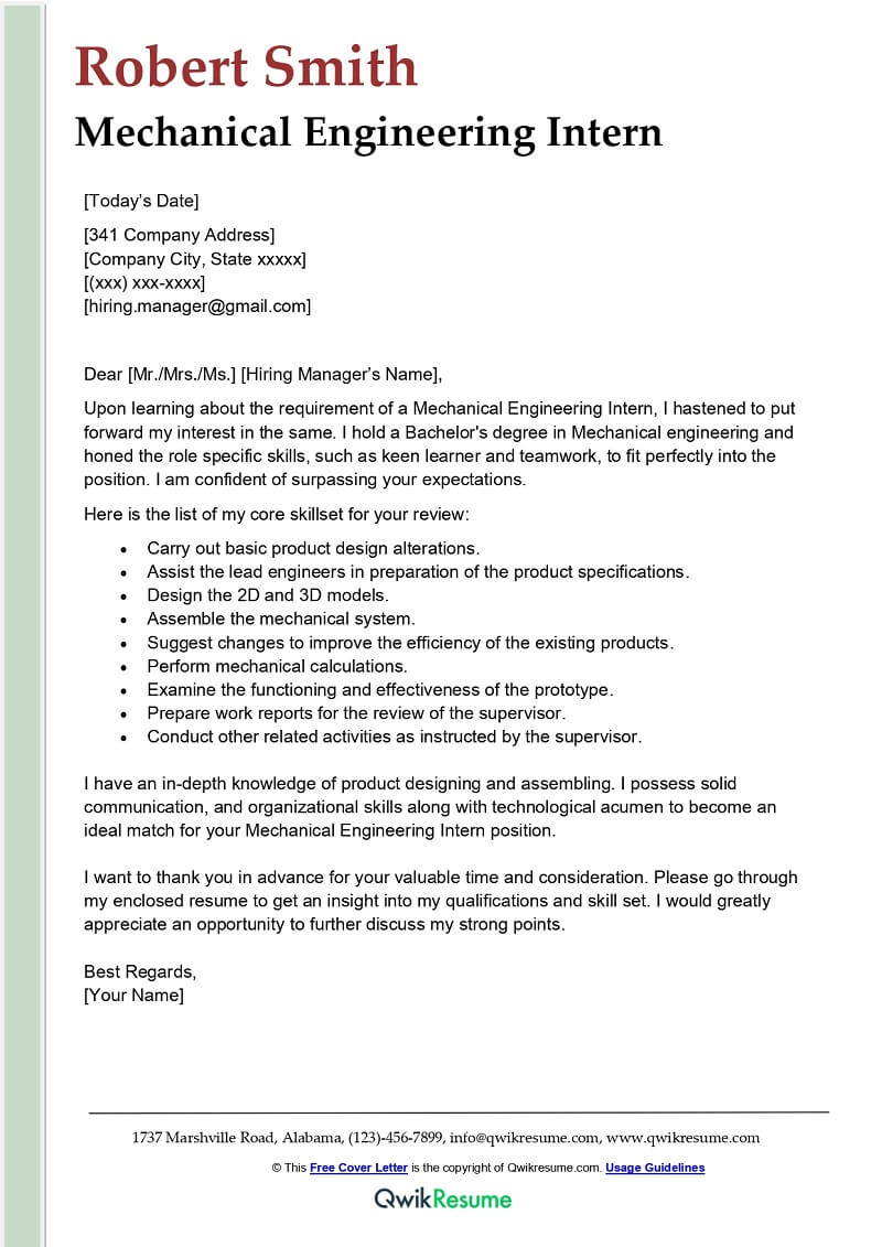 Mechanical Engineer Cover Letter Examples QwikResume