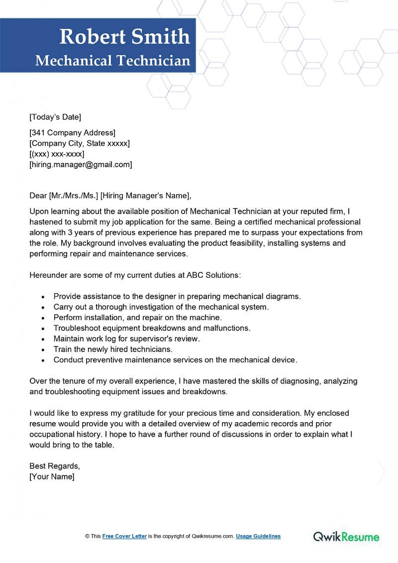 Mechanical Technician Cover Letter Examples QwikResume
