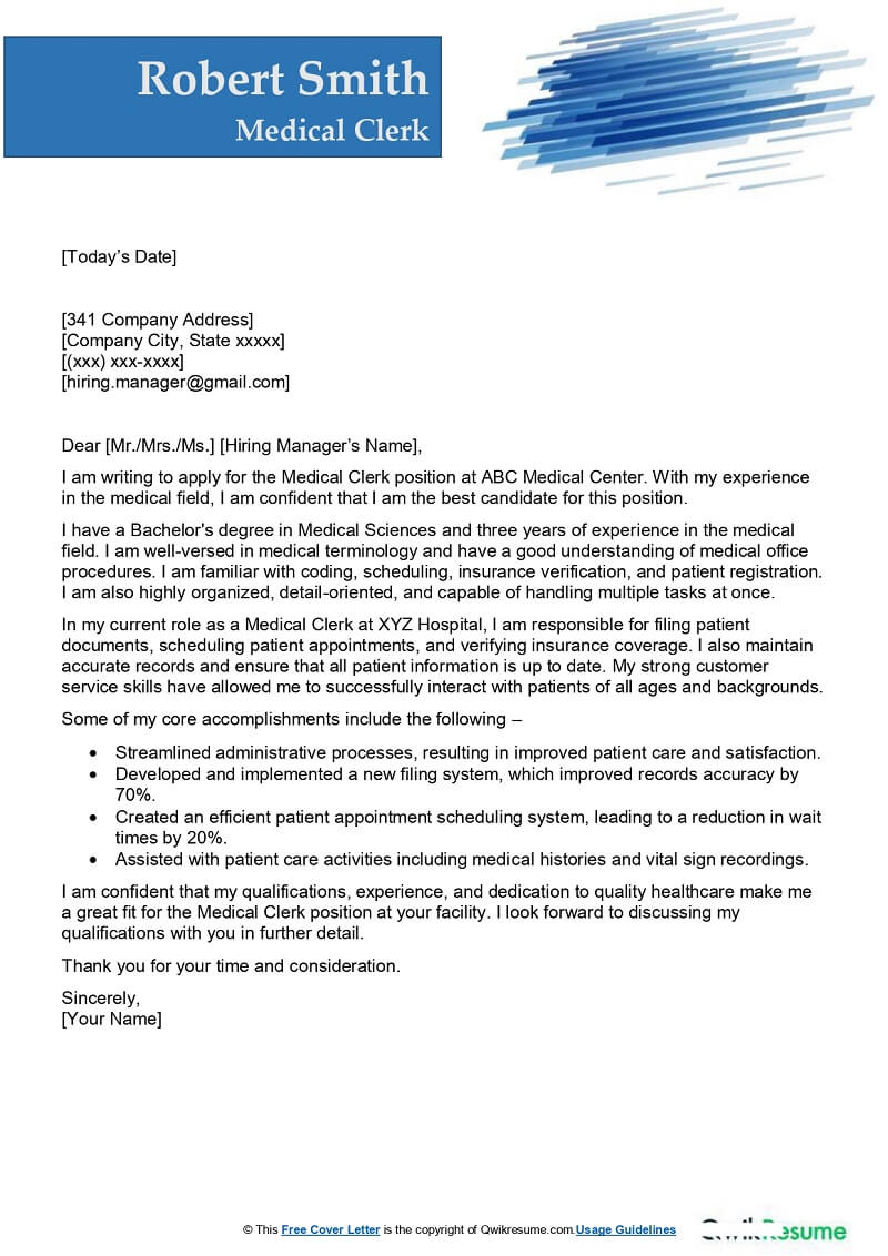 Medical Clerk Cover Letter Examples QwikResume