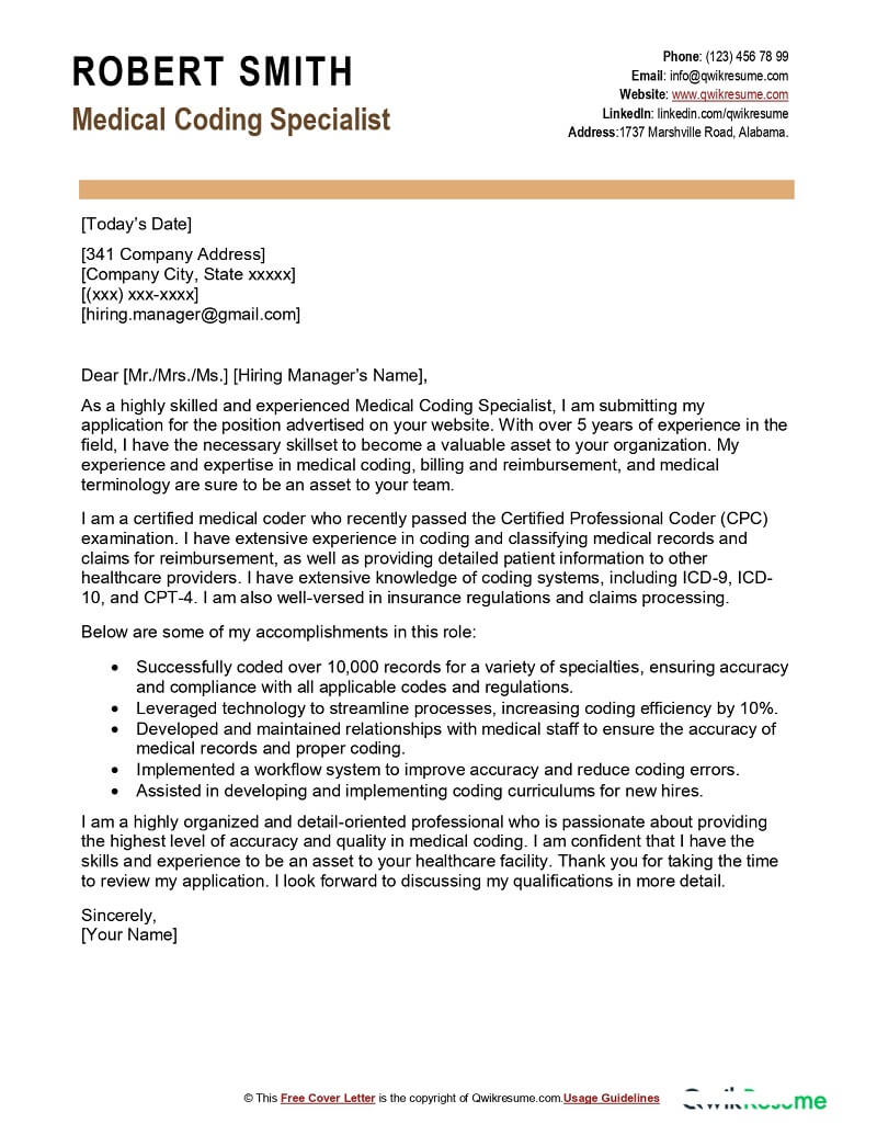 Medical Coding Specialist Cover Letter Examples QwikResume