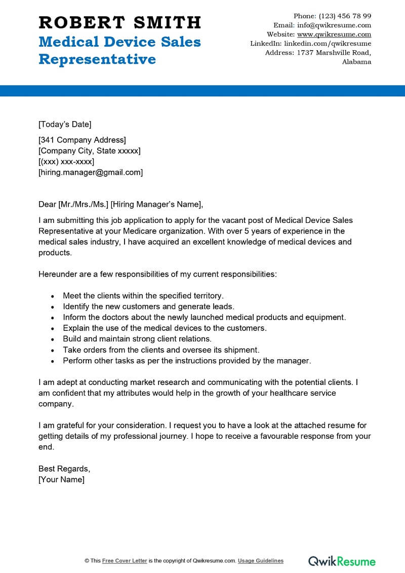 Medical Device Sales Representative Cover Letter Examples QwikResume