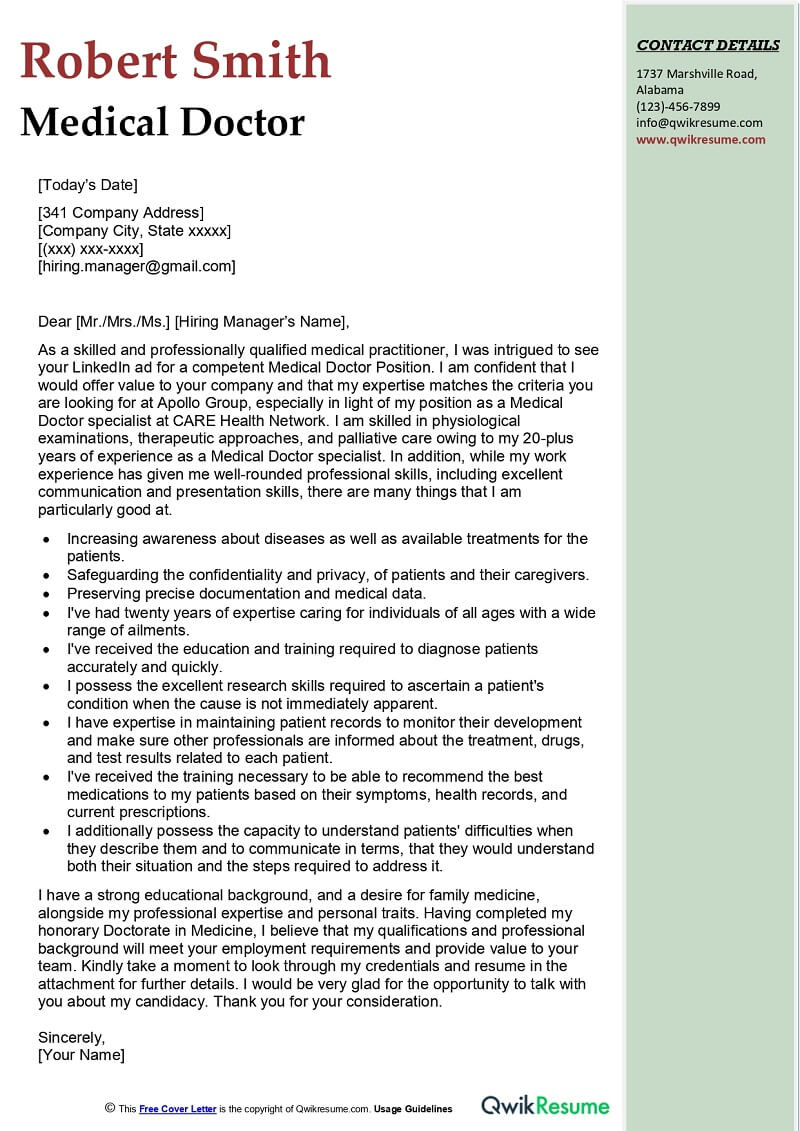 Medical Doctor Cover Letter Examples QwikResume