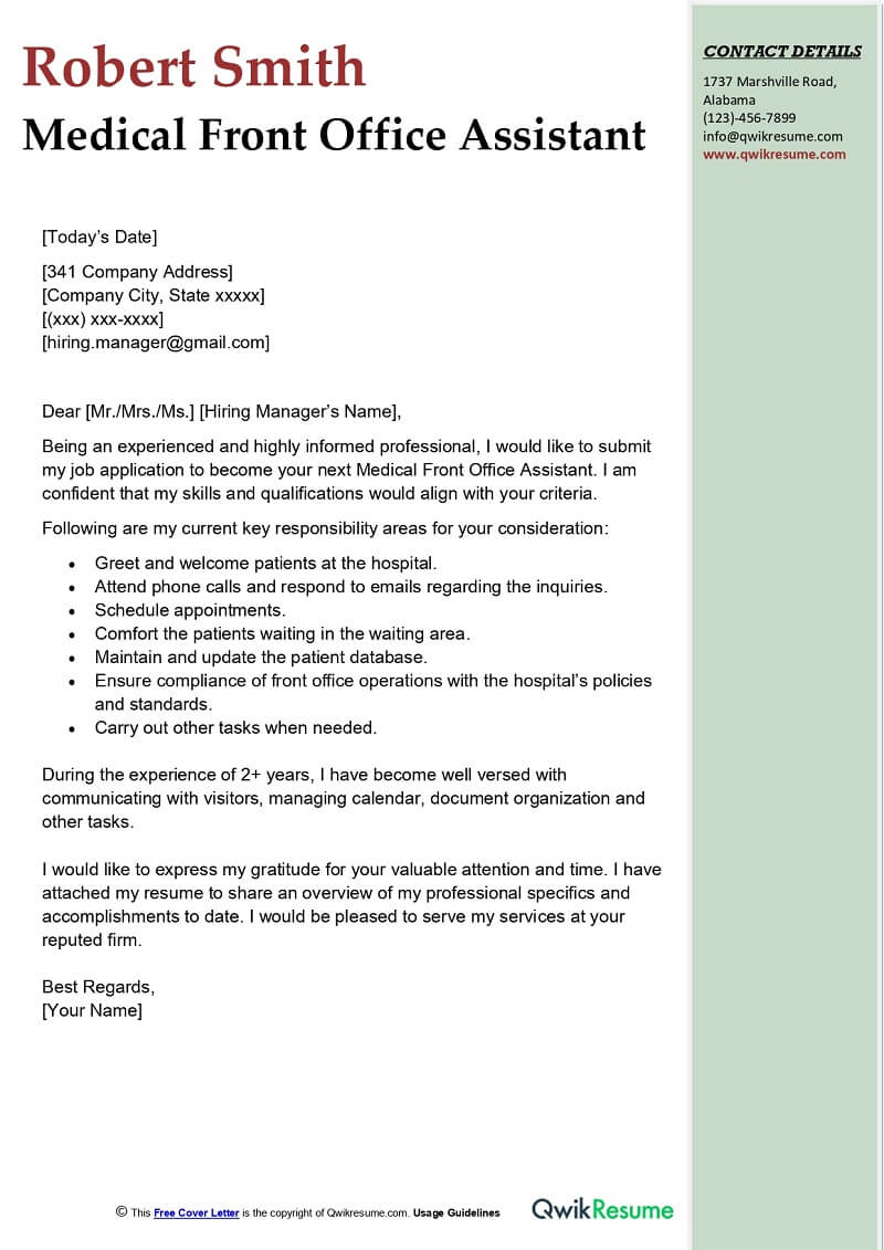 Medical Front Office Assistant Cover Letter Examples QwikResume