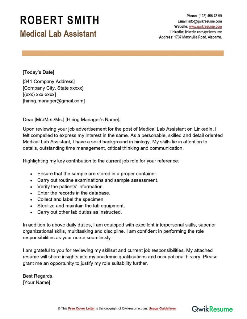 Medical Lab Assistant Cover Letter Examples QwikResume