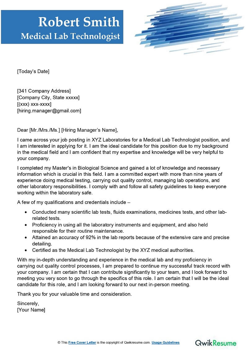 Medical Lab Technologist Cover Letter Examples QwikResume