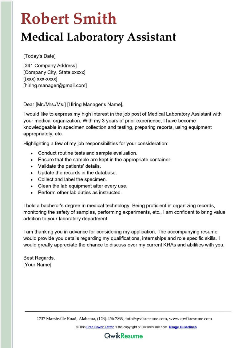 Medical Lab Assistant Cover Letter Examples