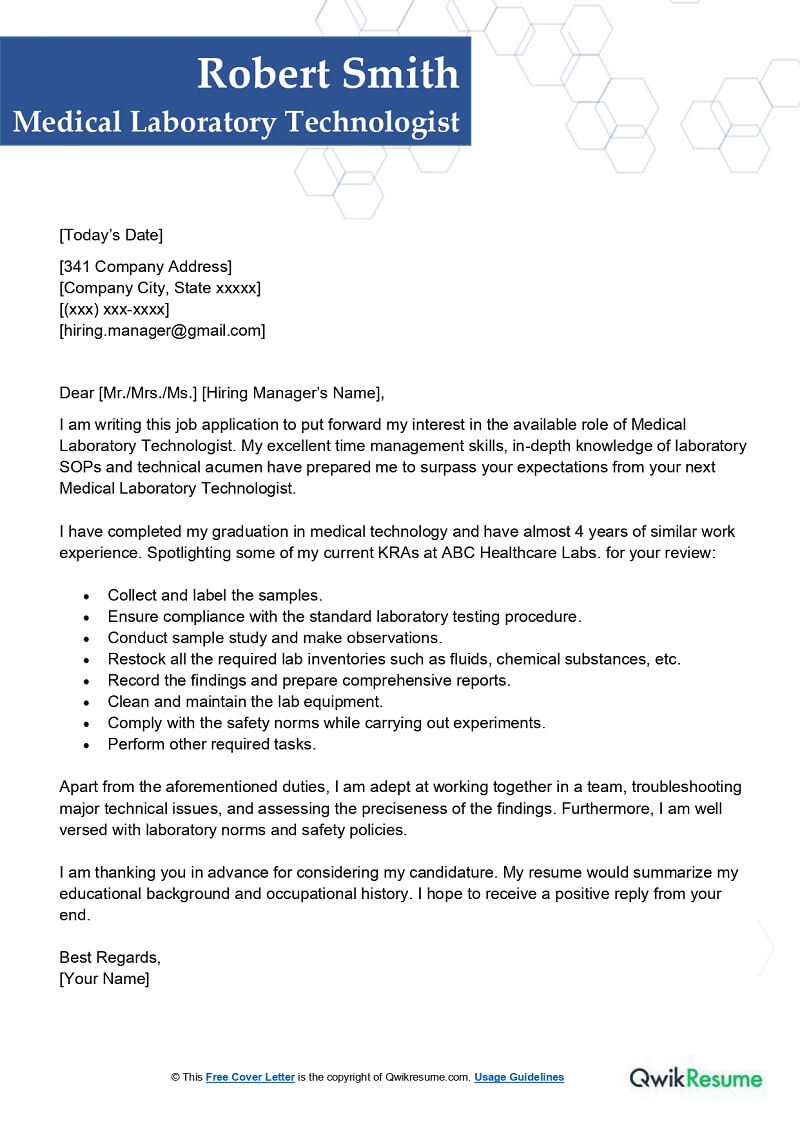 Medical Laboratory Technologist Cover Letter Examples QwikResume