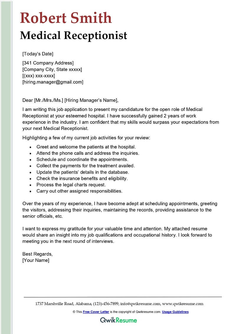 Medical Receptionist Cover Letter Examples QwikResume