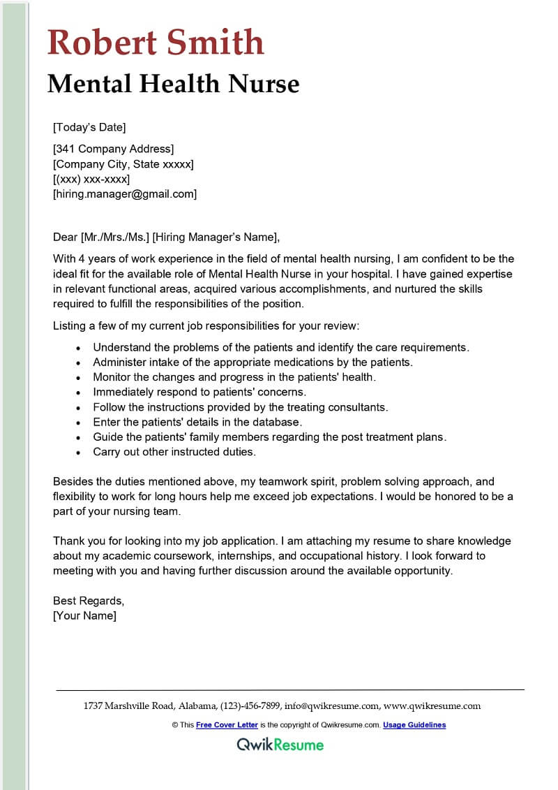Mental Health Nurse Cover Letter Examples QwikResume