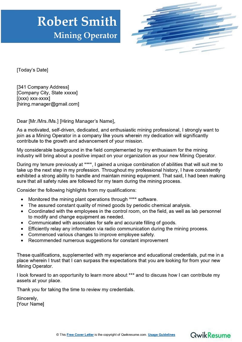 Mining Operator Cover Letter Examples QwikResume