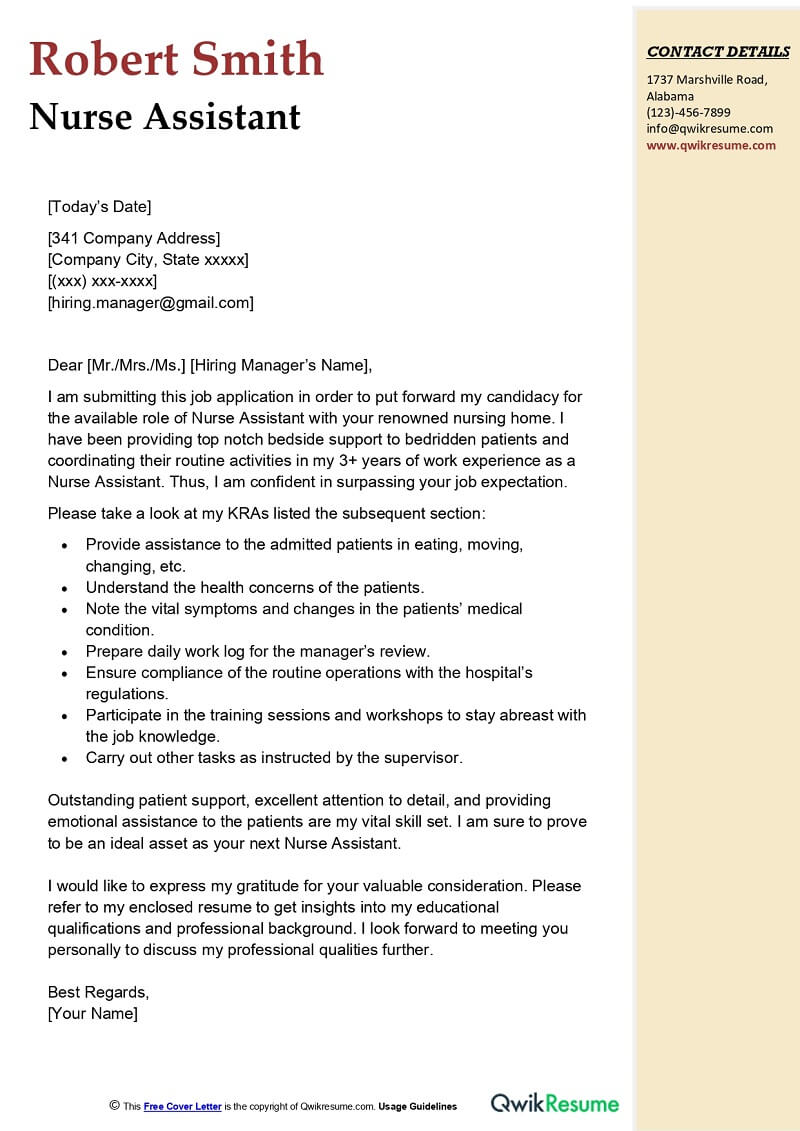 Nurse Assistant Cover Letter Examples QwikResume