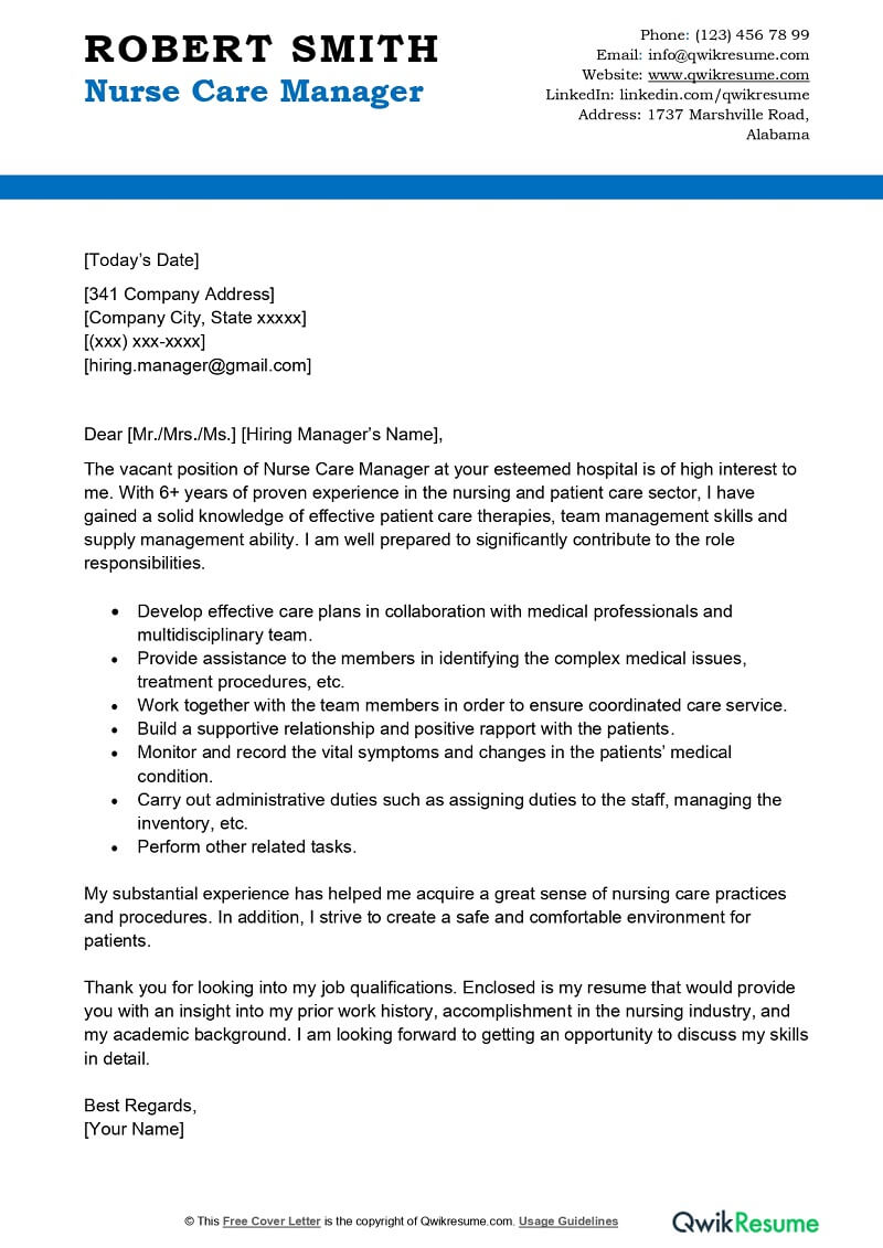 Nurse Care Manager Cover Letter Examples QwikResume