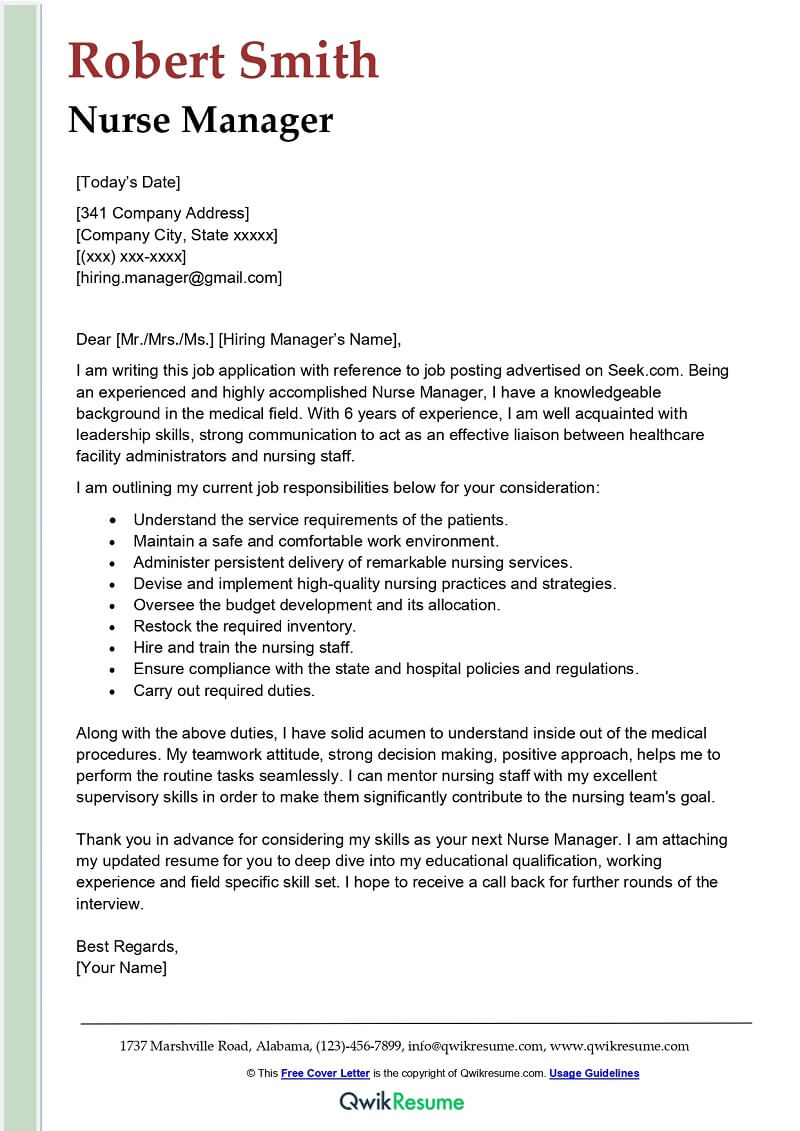Nurse Manager Cover Letter