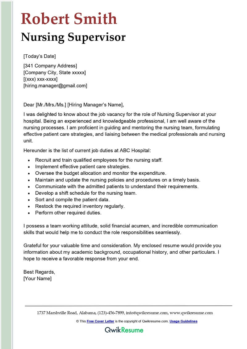 Nursing Supervisor Cover Letter Examples QwikResume