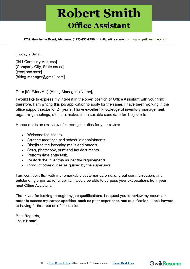 Office Administrator Cover Letter Examples QwikResume