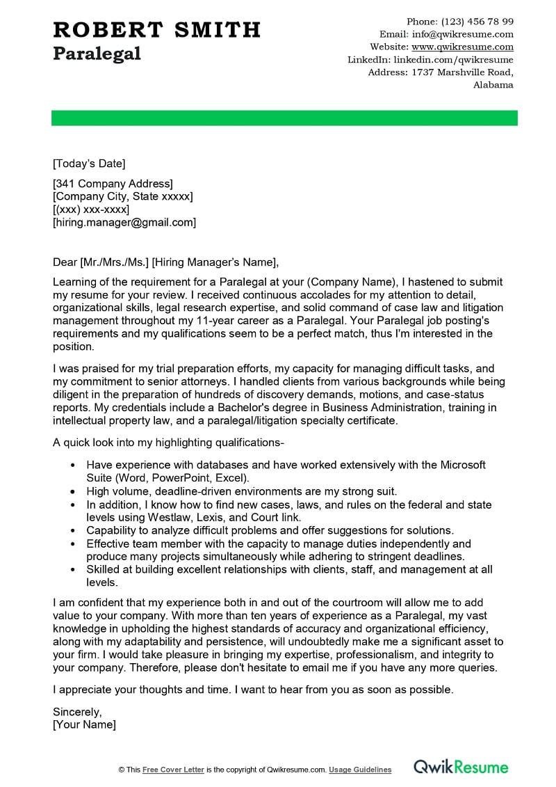 Immigration Paralegal Cover Letter Examples QwikResume