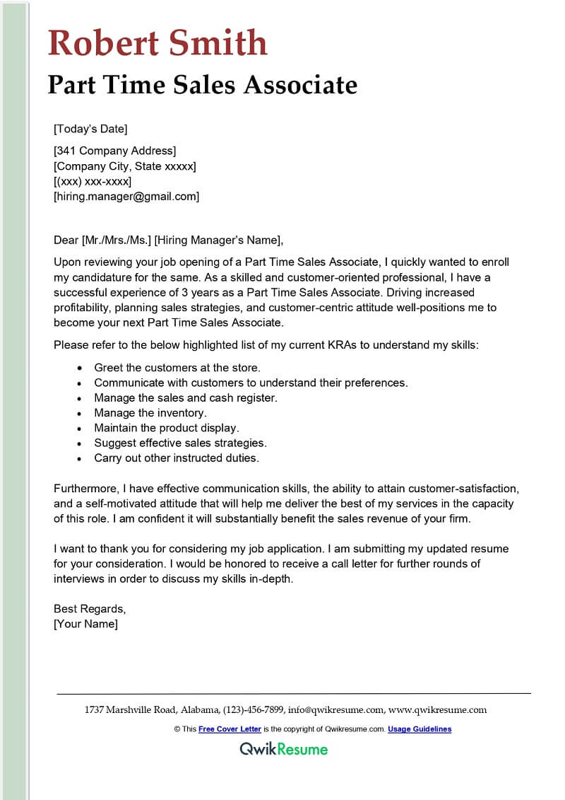 Part Time Sales Associate Cover Letter Examples QwikResume