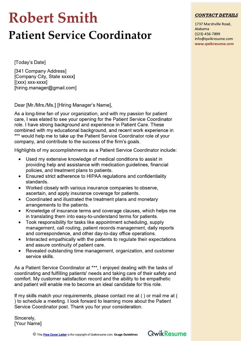 Patient Service Coordinator Cover Letter Examples QwikResume