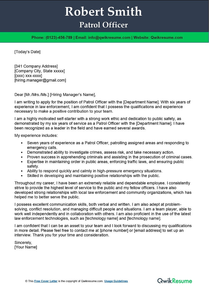 Patrol Officer Cover Letter Examples QwikResume