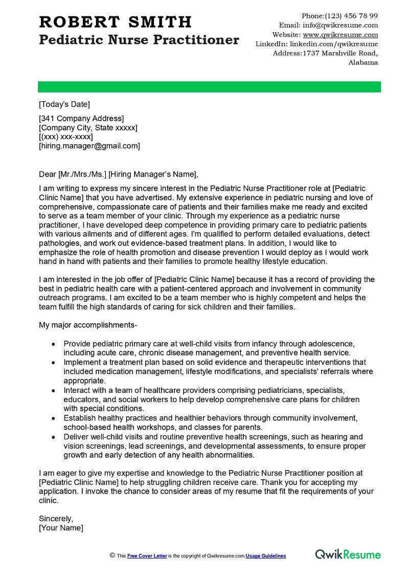 Pediatric Nurse Practitioner Cover Letter Examples QwikResume