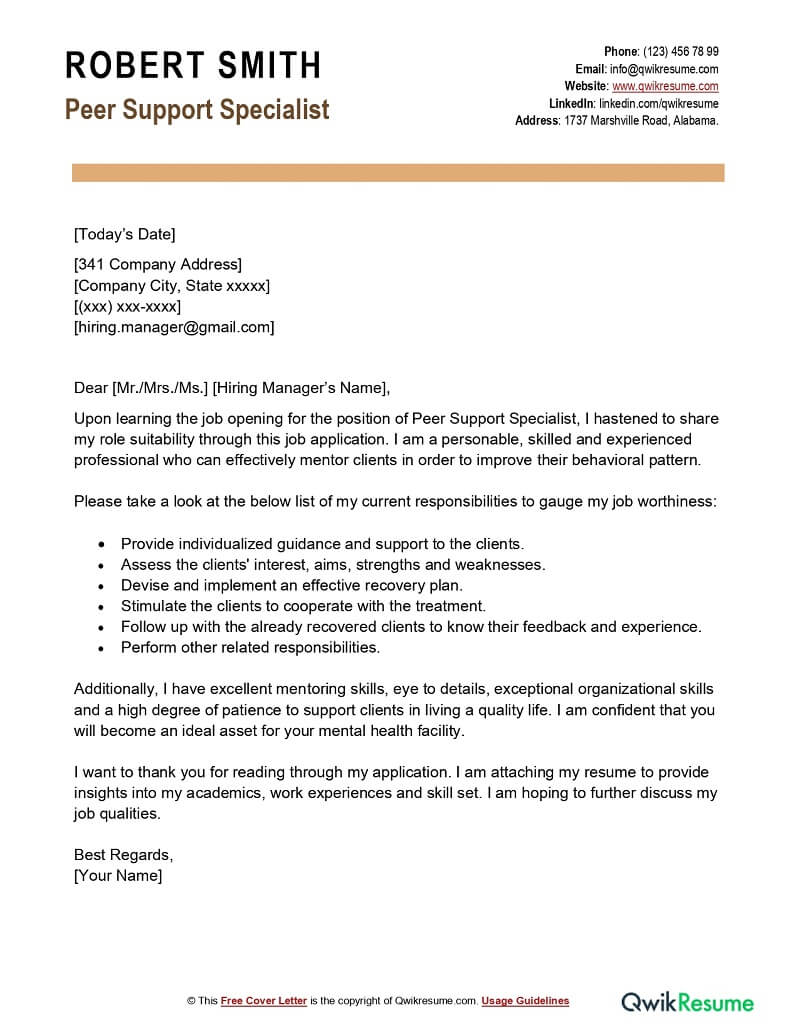 Peer Support Specialist Cover Letter Examples QwikResume