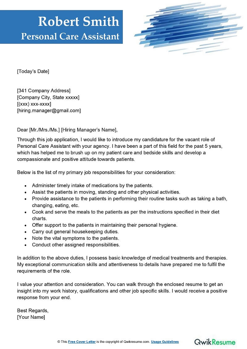Personal Care Assistant Cover Letter Examples QwikResume