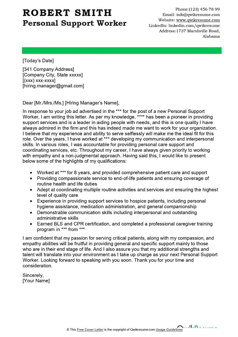 Personal Support Worker Cover Letter Examples QwikResume