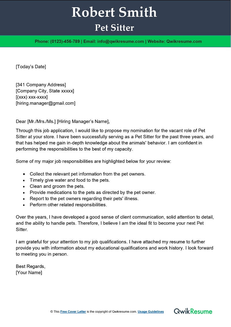 Pet Sitter Cover Letter Examples QwikResume