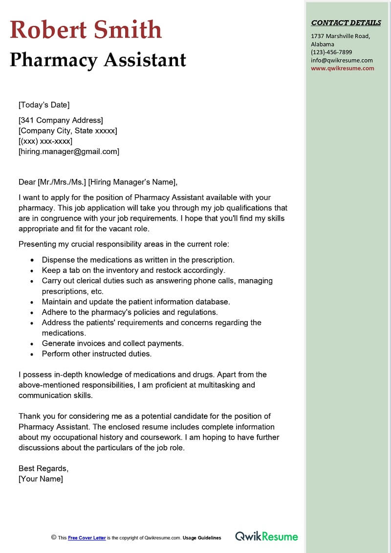 Pharmacy Assistant Cover Letter Examples QwikResume