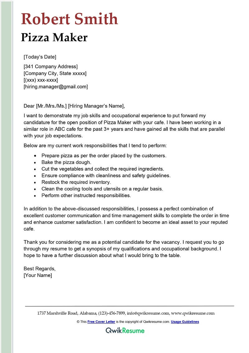 Pizza Maker Cover Letter Examples QwikResume