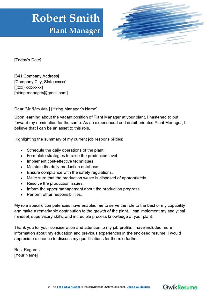  Plant Manager Cover Letter Examples QwikResume