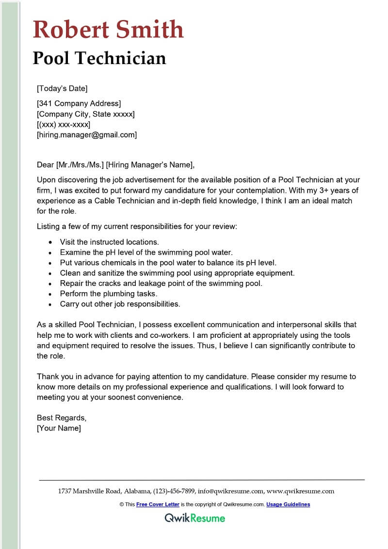 Pool Technician Cover Letter Examples QwikResume
