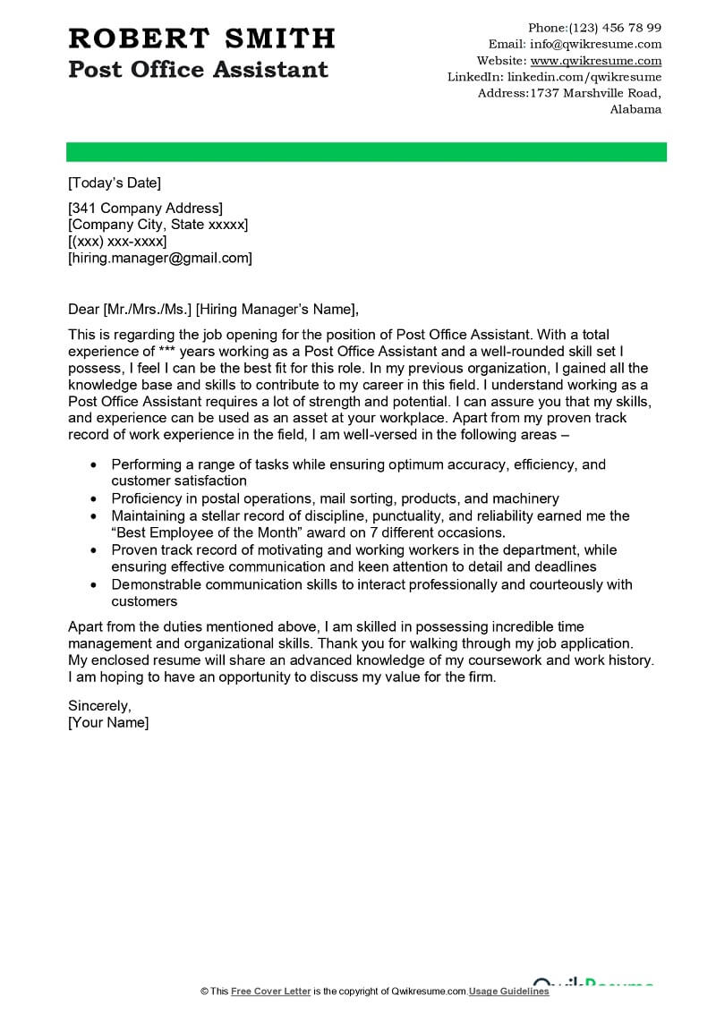 Post Office Assistant Cover Letter Examples QwikResume