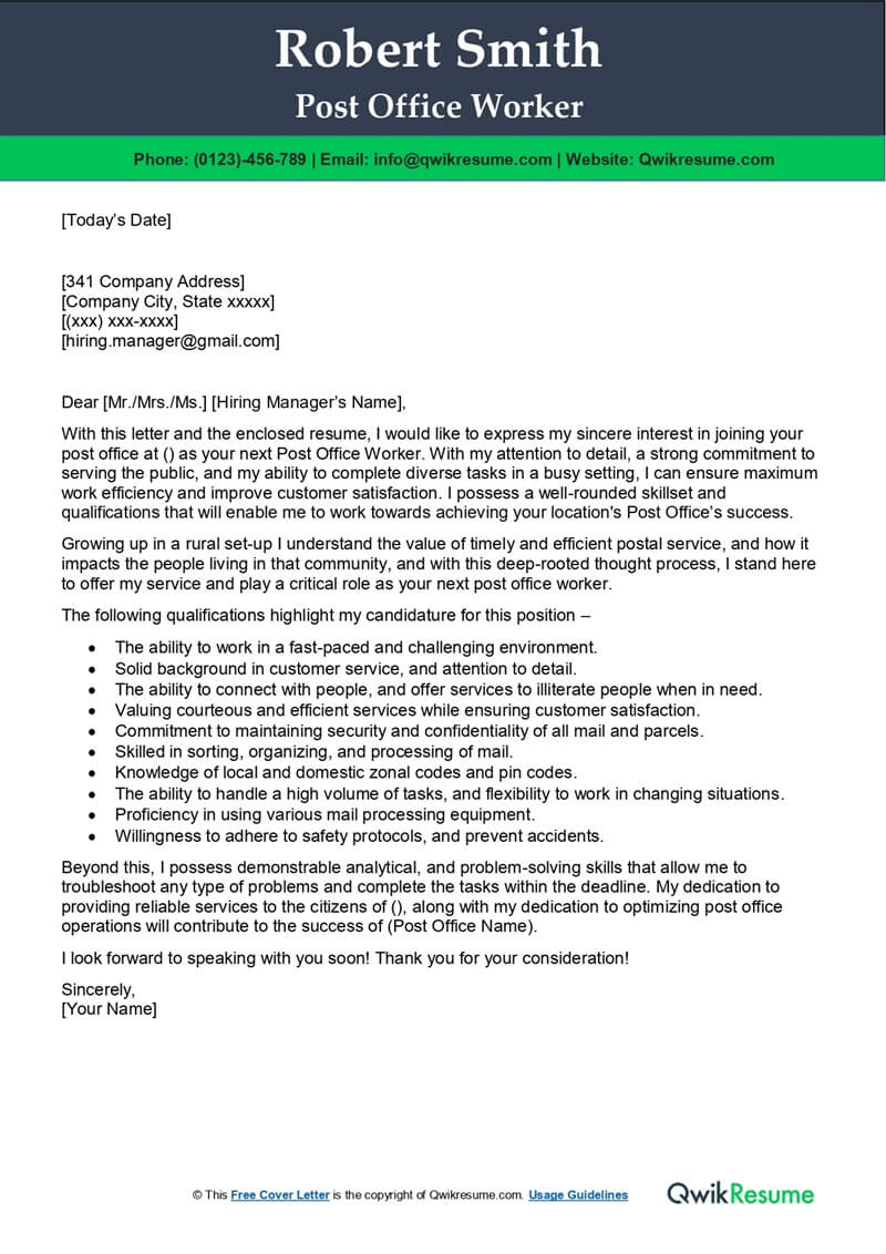 Post Office Worker Cover Letter Examples QwikResume