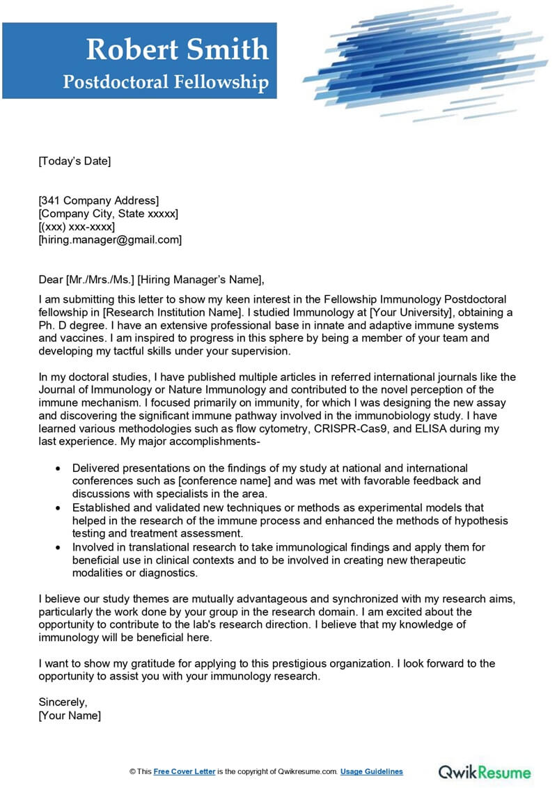 Postdoctoral Fellowship Cover Letter Examples QwikResume