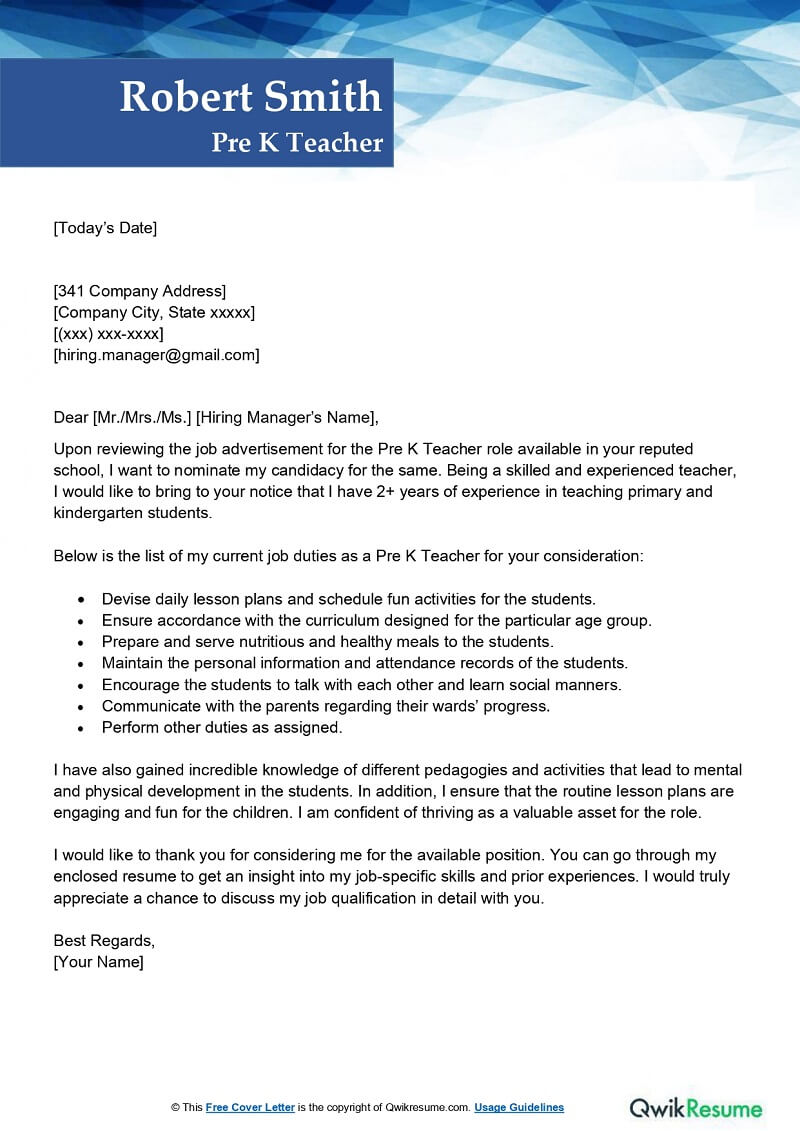 Preschool Teacher Assistant Cover Letter Examples QwikResume