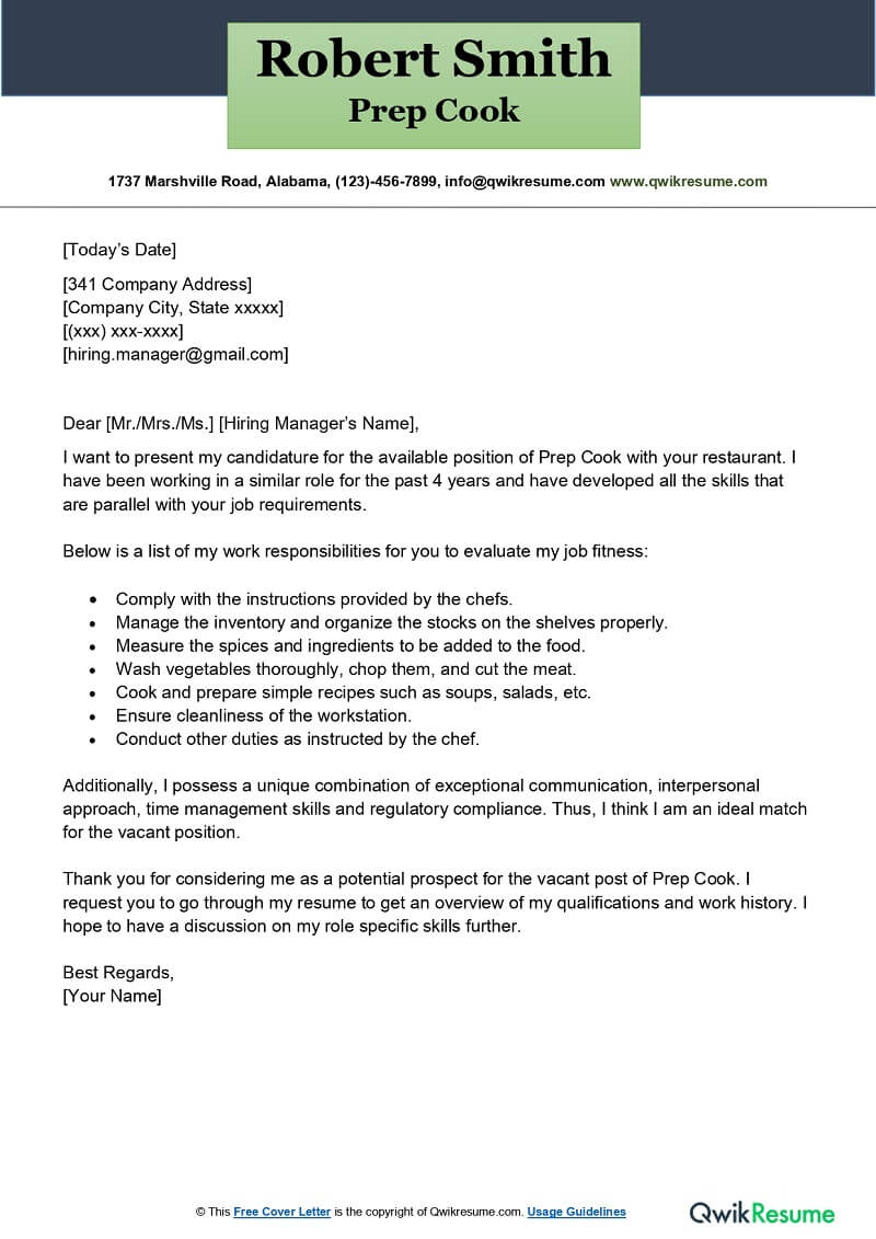 Prep Cook Cover Letter Examples QwikResume