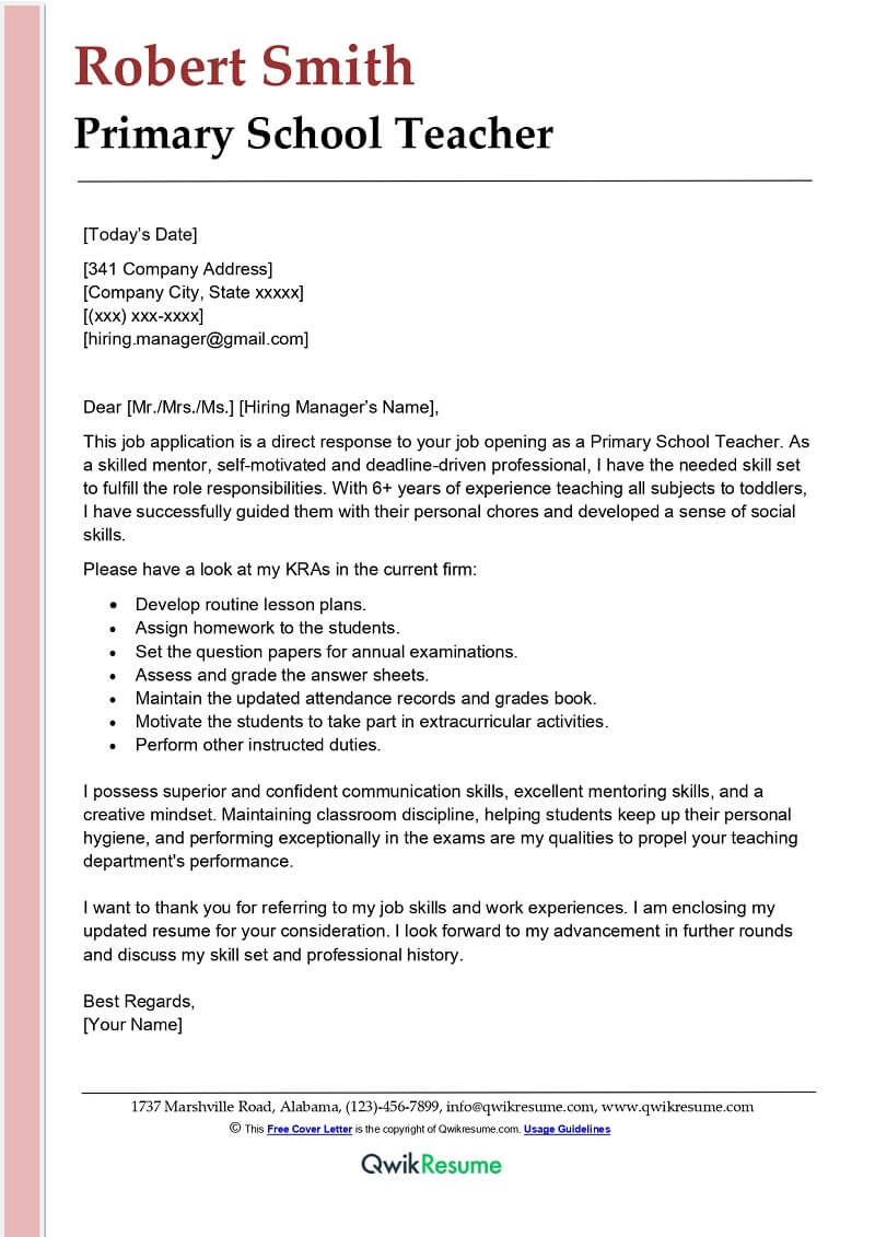 Primary School Teacher Job Application Letter Templat Vrogue co