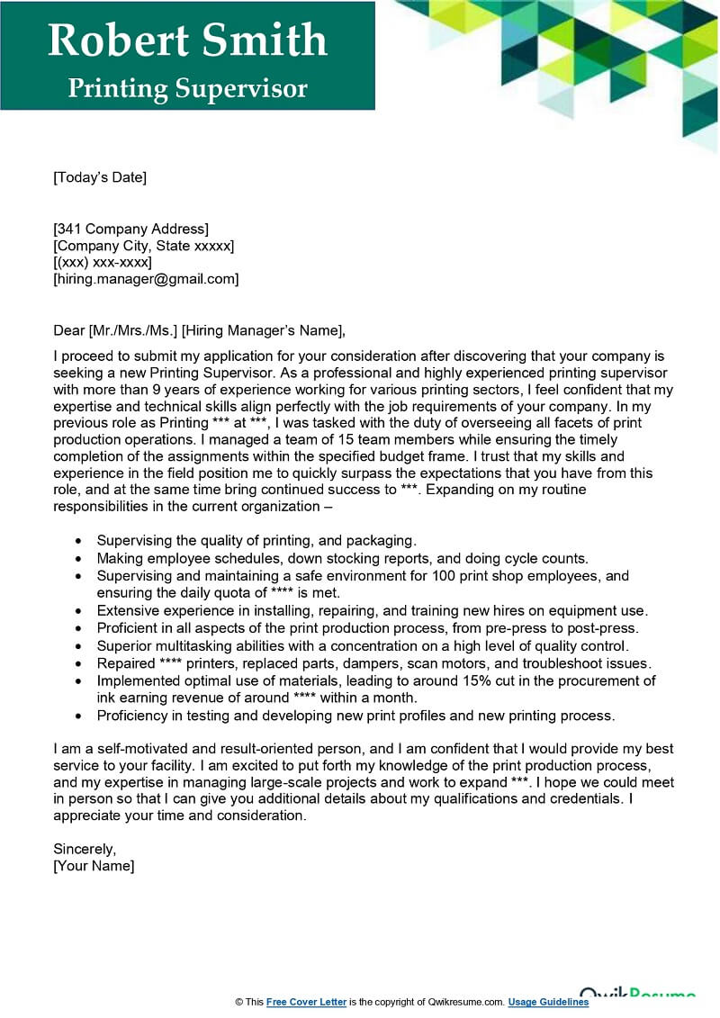 Printing Supervisor Cover Letter Examples QwikResume