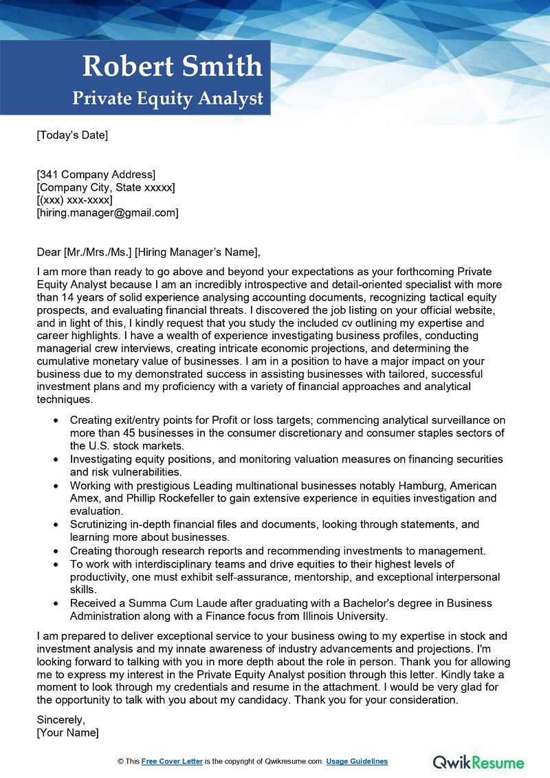 Private Equity Analyst Cover Letter Examples QwikResume