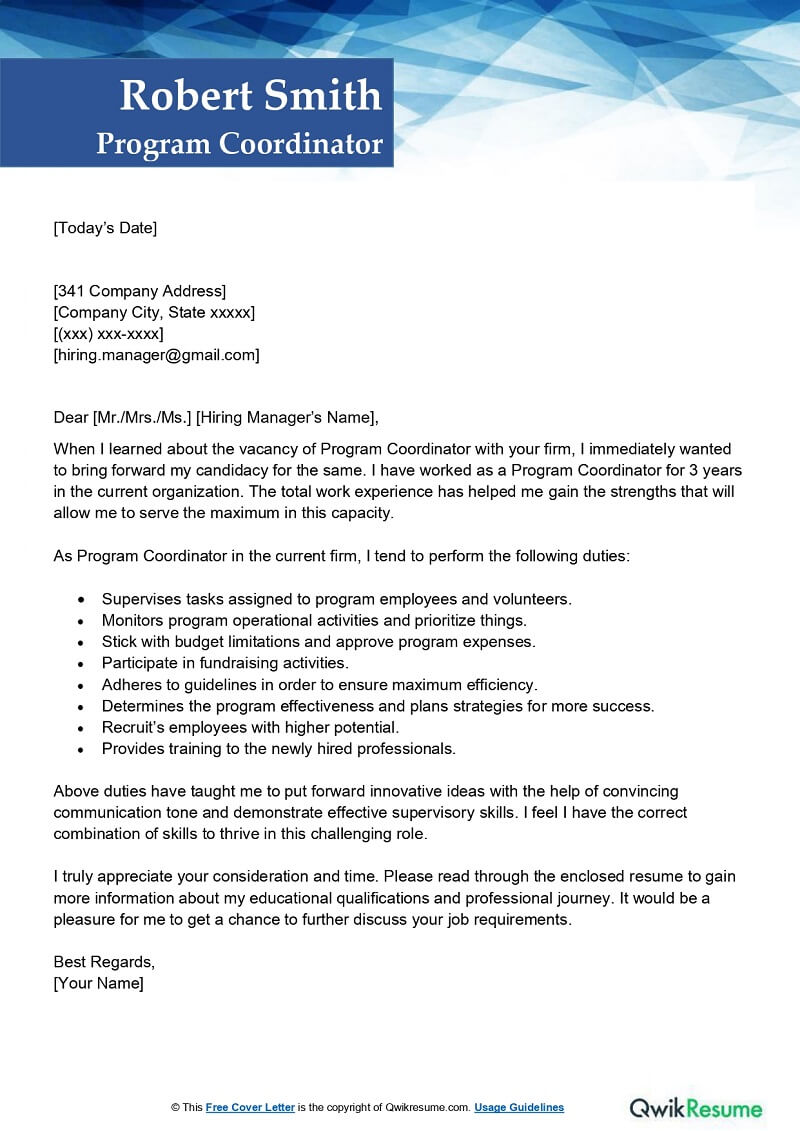 Program Coordinator Cover Letter Examples QwikResume