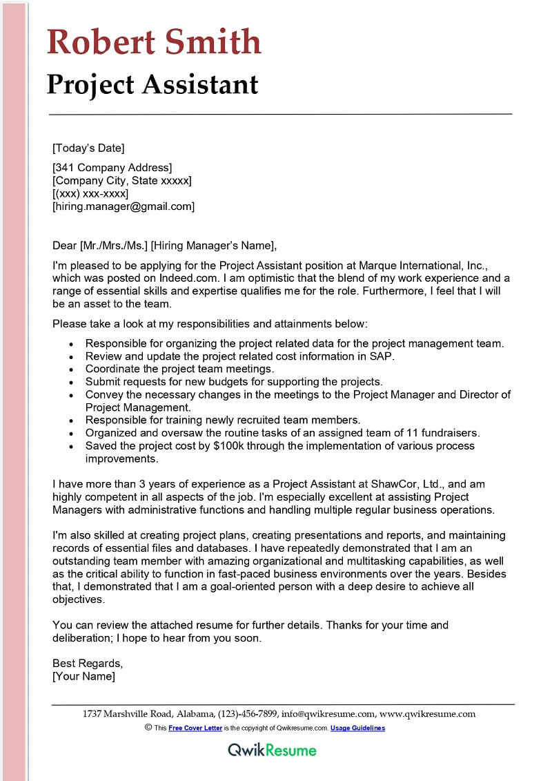 Project Assistant Cover Letter Examples QwikResume